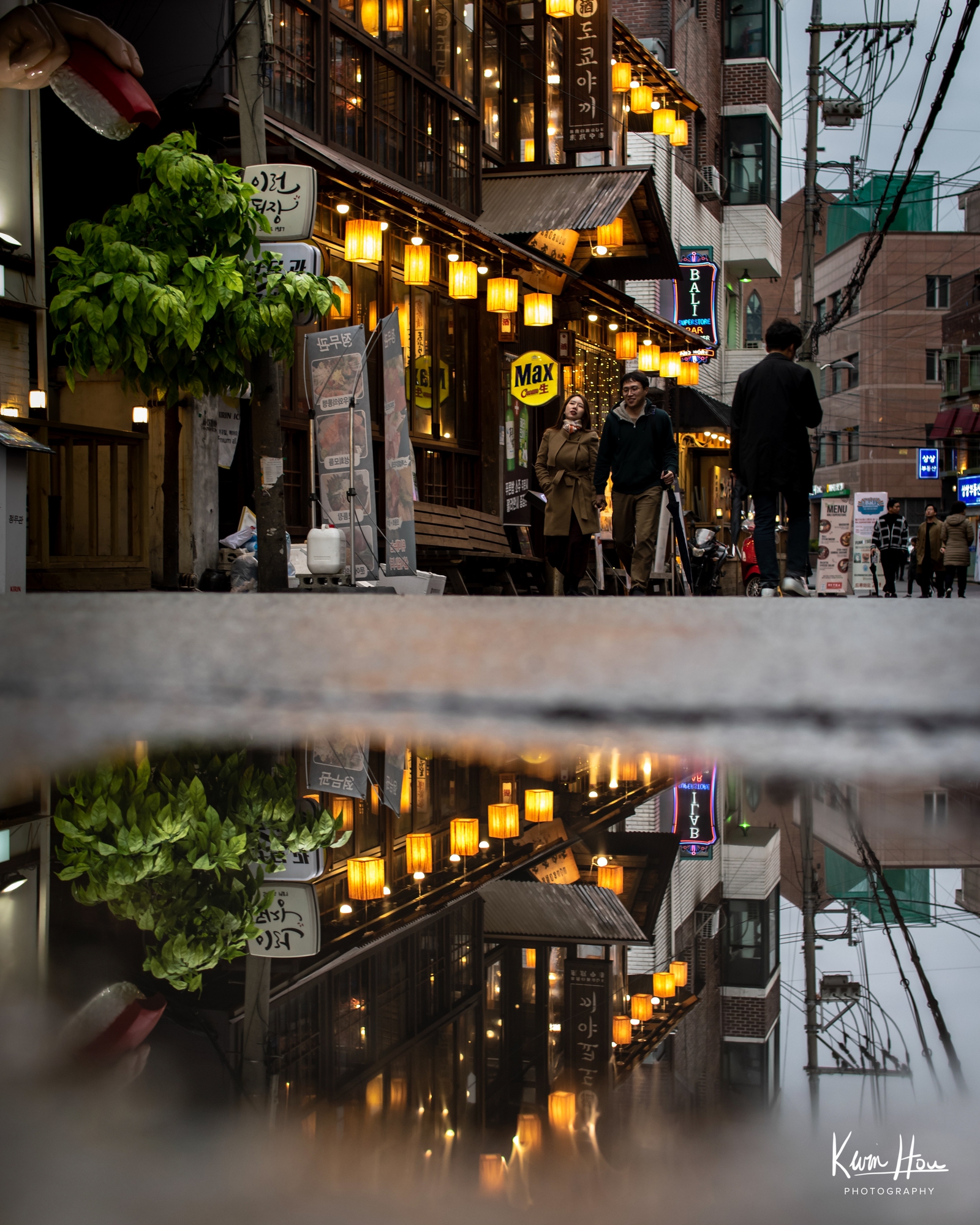 Korean Bar Reflection in Rain Puddle | Kevin Hou Photography